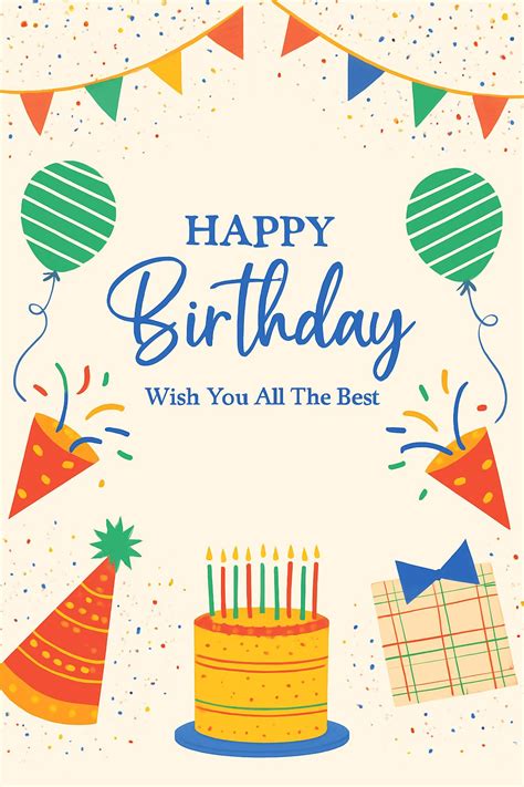 Festive Happy Birthday Card With Colorful Illustrations And Cake