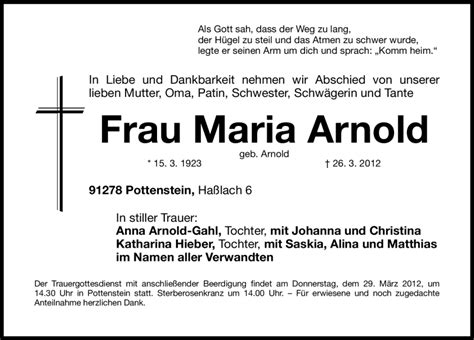 Traueranzeigen Von Maria Arnold Trauernnde