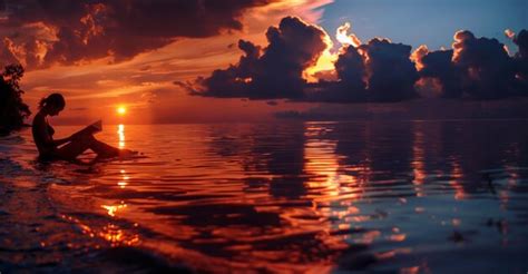 A Woman Is Reading A Book On A Beach At Sunset Premium Ai Generated Image