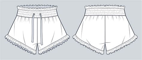 핫 반바지 테크니컬 패션 일러스트레이션 짧은 바지 패션 플랫 기술 도면 템플릿 주름 장식 탄성 허리 앞면과 뒷면보기 흰색 활동복 잠옷 여성 Cad 모형 세트 디자인에 대한