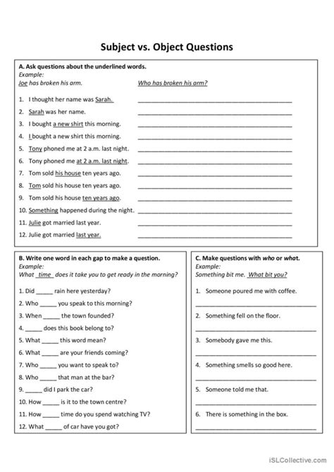 Subject Vs Object Questions English Esl Worksheets Pdf And Doc
