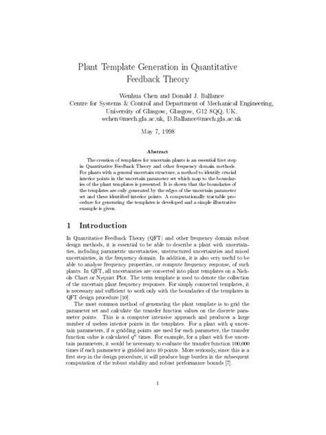 Plant Template Generation In Quantitative Feedback Theory W Chen 1998