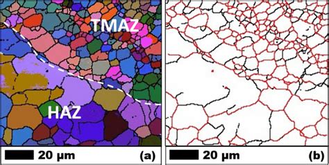 A Ebsd Grain Orientation Map And B Grain Boundary Map Of Haz Tmaz Download Scientific