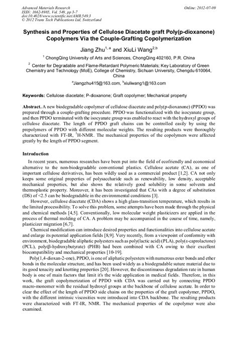 Synthesis And Properties Of Cellulose Diacetate Graft Poly P Dioxanone Copolymers Via The