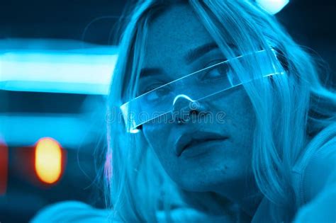 Young Woman in Neon Glasses in Futuristic Style. Stock Image - Image of female, light: 275365475