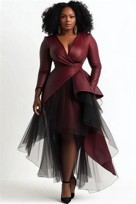 Xpluswear Design Plus Size Cocktail Party Burgundy Wrap Neck Long