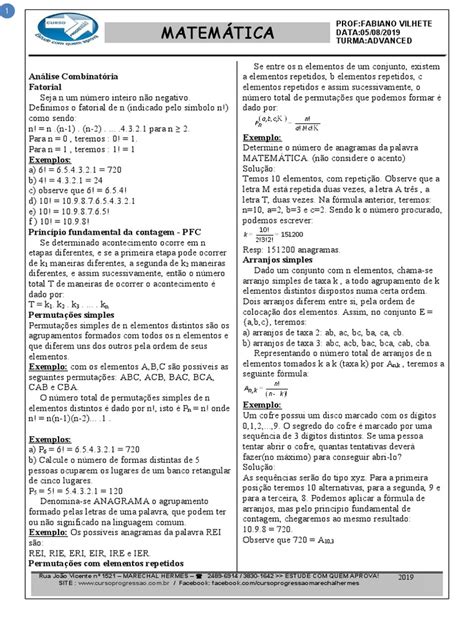 Lista De Exercícios Analise Combinatoria Com Teoria Pdf Combinatória Permutação
