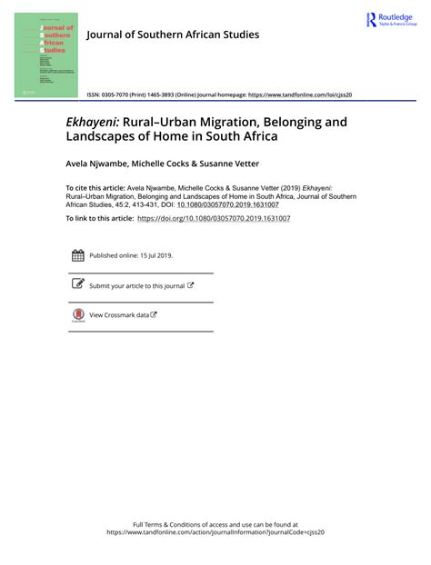 Pdf Ekhayeni Ruralurban Migration Belonging And Landscapes Of Home
