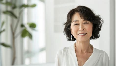 麗で輝く60歳のアジア人女性 優雅さと活力を発揮し 広い笑顔で立っています Premium Ai生成画像