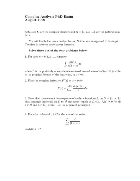 Complex Analysis Phd Exam August 1999