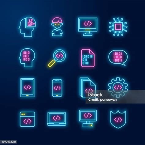 Bundle Of Ai Coding Neon Light Line Icon Vector Set Stock Illustration