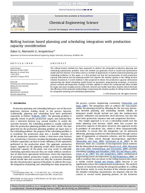 Pdf Rolling Horizon Based Planning And Scheduling Integration With Production Capacity