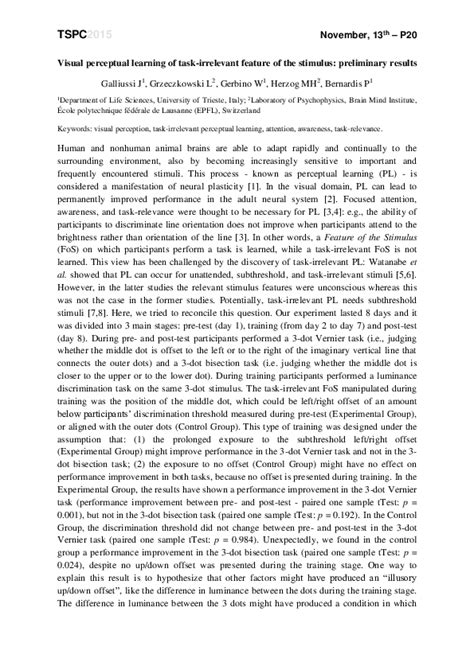 Pdf Visual Perceptual Learning Of Task Irrelevant Feature Of The Stimulus Preliminary Results