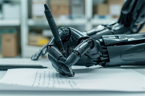 Robot Arm Holds Pen On White Paper Workspace Background Ai Concept Art Of Futuristic Writing
