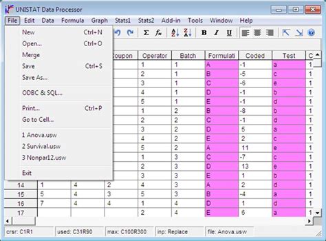 Unistat Statistics Software Spreadsheet File Menu