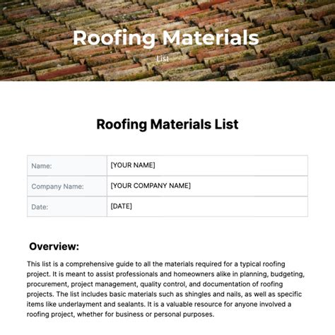 Free Roofing Material List Template To Edit Online