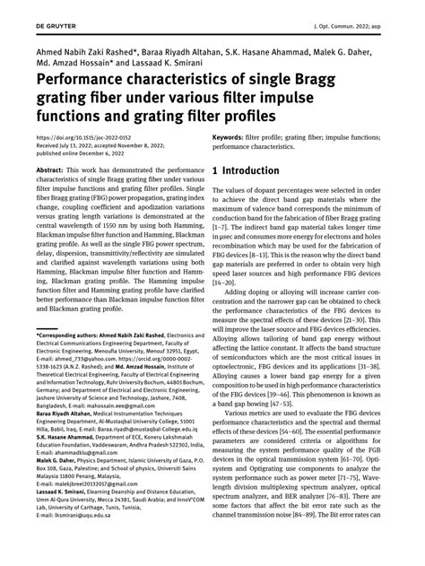 Pdf Performance Characteristics Of Single Bragg Grating Fiber Under
