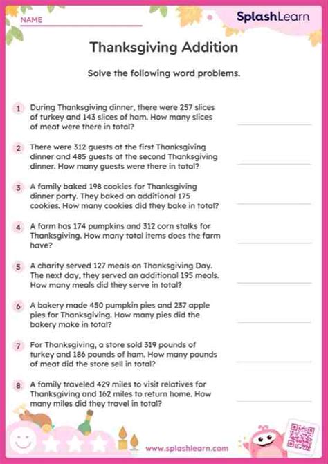 Add Within 1000 Thanksgiving Word Problems — Printable Math Worksheet