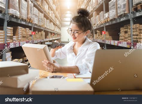 Woman Scanning Barcode Label Modern Warehouse Stock Photo Edit Now