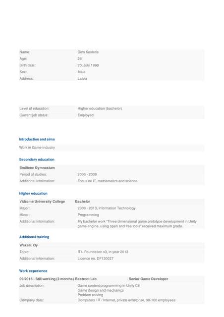 Girts Kesteris Unity Developer Cv Eng Pdf