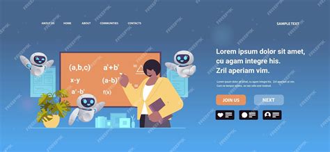 Premium Vector Teacher With Robots Solving Math Problem On Digital Chalkboard During Lesson