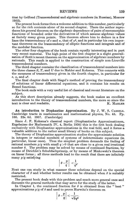 An Introduction To Diophantine Approximation By J W S Cassbls