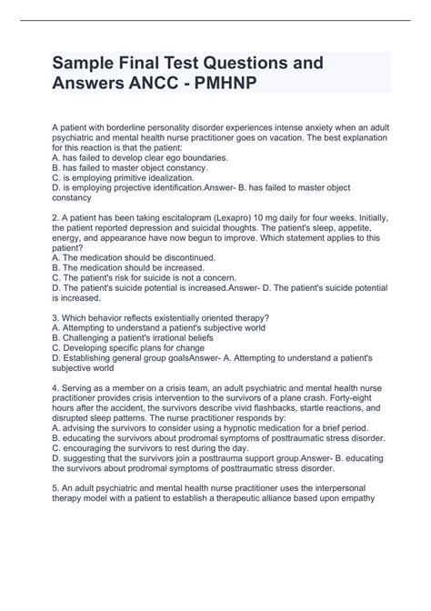 Sample Final Test Questions And Answers ANCC PMHNP PMHNP Stuvia US