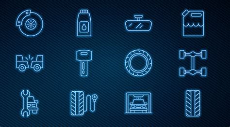 라인 자동차 타이어 휠 섀시 자동차 거울 리모컨이 있는 키 사고 브레이크 디스크 캘리퍼 및 모터 기계 오일 아이콘용 캐니스터를