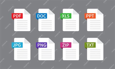 문서 파일 형식 아이콘 회색 배경에 고립 된 파일 형식 Pdf Doc Xls Ppt  Png Zip 프리미엄 벡터