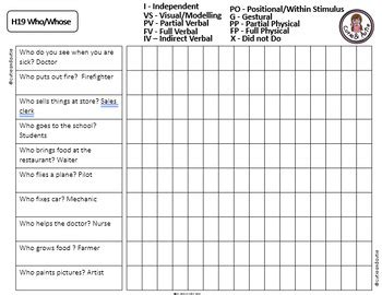 WH Questions Who Whose ABBLS R H Intraverbal Task Card Data Sheet