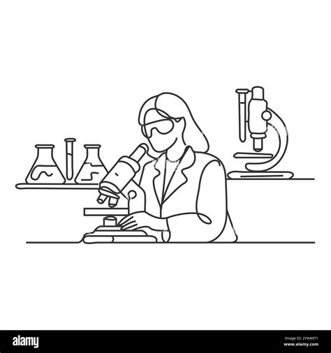 One Line Drawing Of Scientist Working Using Microscope Research And