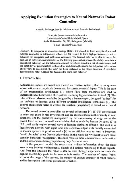 Pdf Applying Evolution Strategies To Neural Networks Robot Controller