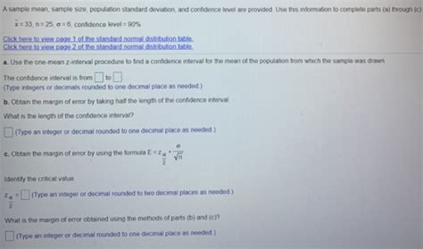 A Sample Mean Sample Size Population Standard Deviation And