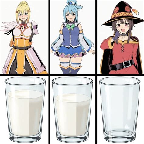 Darkness Stands Next To Glasses Of Milk Megumin Looks Surprised Beside