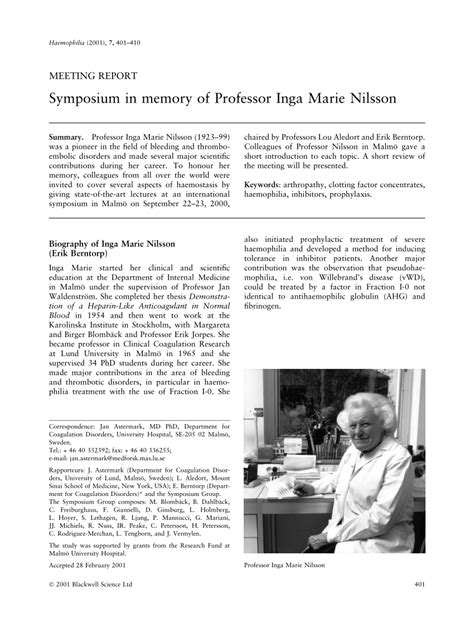 Pdf Symposium In Memory Of Professor Inga Marie Nilsson
