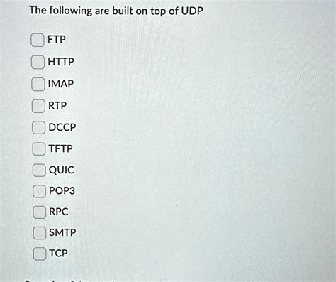 Solved The Following Are Built On Top Of Udp Ftp Imap Rtp Dccp