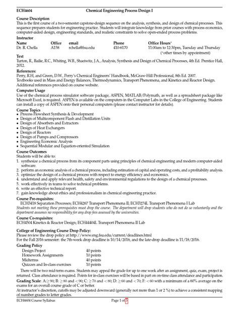Fsu Ech 4604 Chemical Engineering Process Design I Pdf Engineering