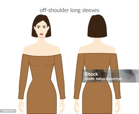 오프 숄더 소매 긴 길이의 옷 캐릭터는 갈색 상의 셔츠 드레스 테크니컬 패션 일러스트레이션을 입고 몸에 꼭 맞는 아가씨입니다 플랫 의류 템플릿 앞면 뒷면 여성 남성 남여 T