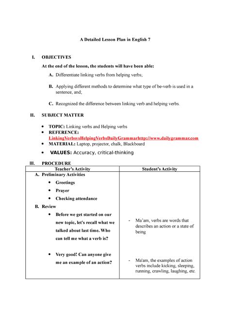 a detailed lesson plan in english 7 objectives at the end of the