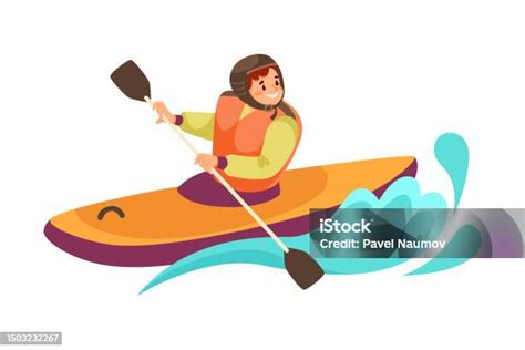 남자 캐릭터 카약은 청록색 파도와 함께 수상 스포츠 활동 벡터 일러스트레이션을 하고 있다 개념에 대한 스톡 벡터 아트 및 기타