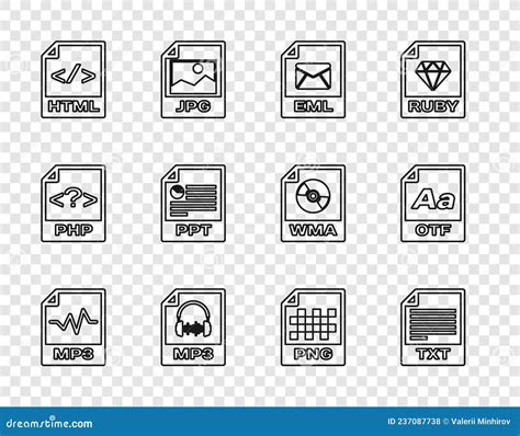 Set Line Mp3 File Document Txt Eml Html Ppt Png Y Otf Icon Vector Ilustración Del Vector