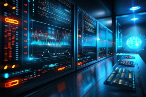 High Tech Control Room With Multiple Ai Powered Screens Displaying Data Analytics And System