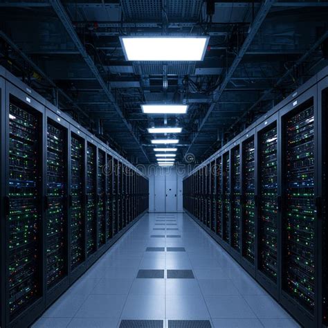 An Interior View Of A Data Center With Rows Of Server Racks On Either Side Of A Narrow Aisle