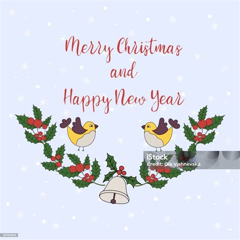 기쁜 성 탄과 새 해 복 많이 받으세요입니다 새와는 막 살 나무속 새 해의 벨 배경 눈송이에 인사말 카드를 만화 귀여운 그림 엽서 포스터 배너에 대 한 개에 대한 스톡 벡터