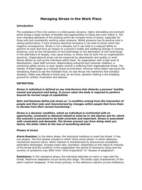 Managing Stress In The Work Place Pdf Stress Biology Coping
