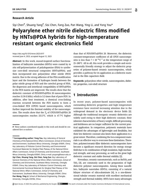 Pdf Polyarylene Ether Nitrile Dielectric Films Modified By Hnts Pda Hybrids For High