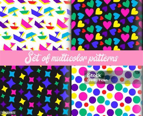 멀티 컬러 패턴의 집합입니다 마음의 단순 요소 선박 점 별 패턴 원활한 벡터 밝은 색상 배경의 컬렉션입니다 유행 세련 된 벽지 개체 그룹에 대한 스톡 벡터 아트 및 기타