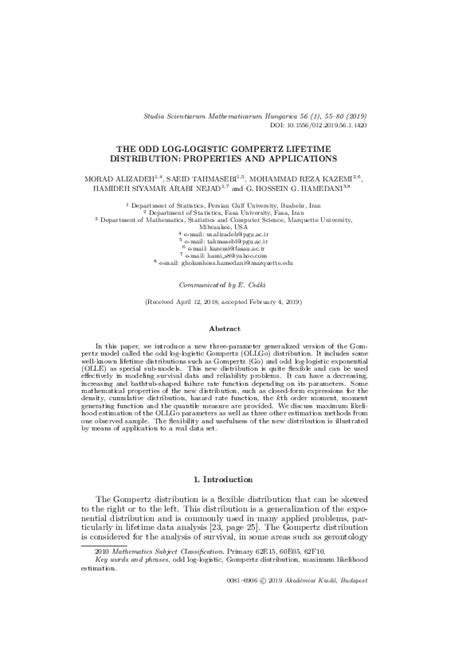 Pdf The Odd Log Logistic Gompertz Lifetime Distribution Properties