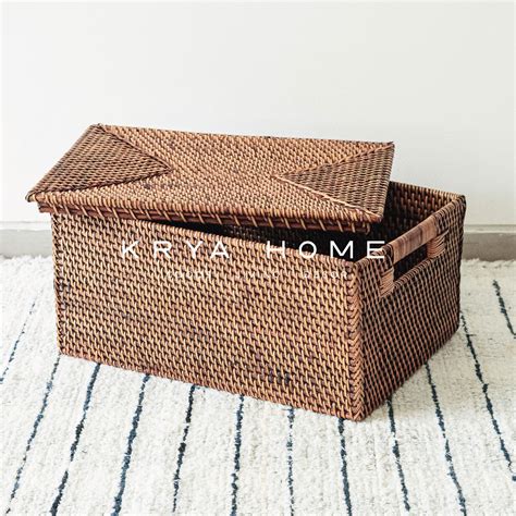 Rectangular Rattan Storage Box With Lid Food Container Box Etsy