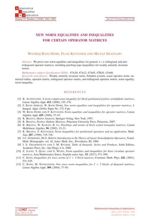 Pdf New Norm Equalities And Inequalities For Certain Operator Matrices